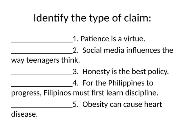 claims reading and writing grade eleven senior high school | PPT