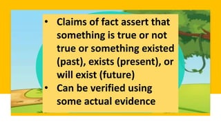 CLAIMS OF FACT, POLICY AND VALUE: a powerpoint presentation in grade 10 ...