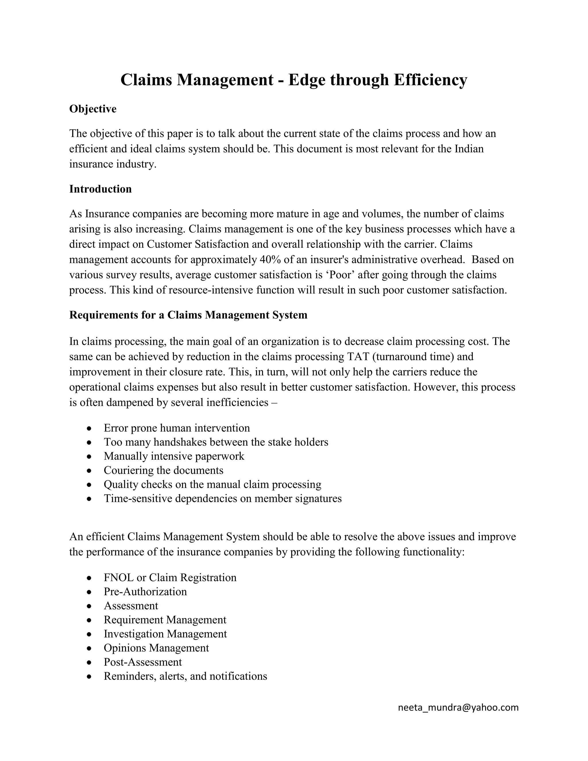 Claims Management - Edge through Efficiency | PDF