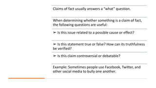 Reading and Writing Claims of Fact, Policy and Value.pptx