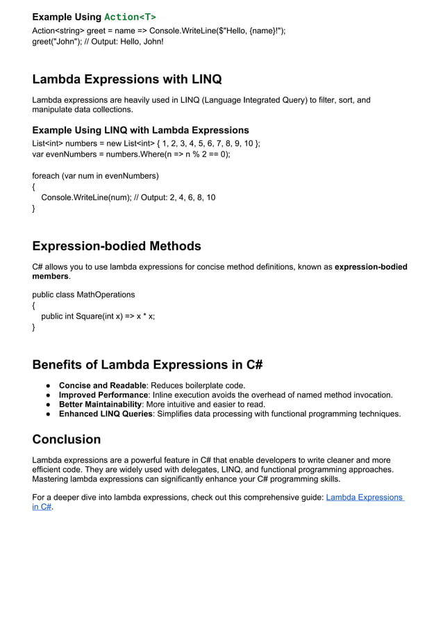 Mastering C# Lambda Expressions: A Complete Guide | PDF