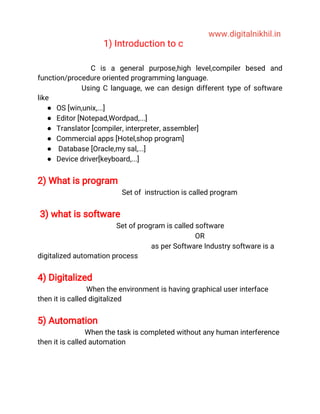 C Programming Language Detailed Notes with Solved program | PDF