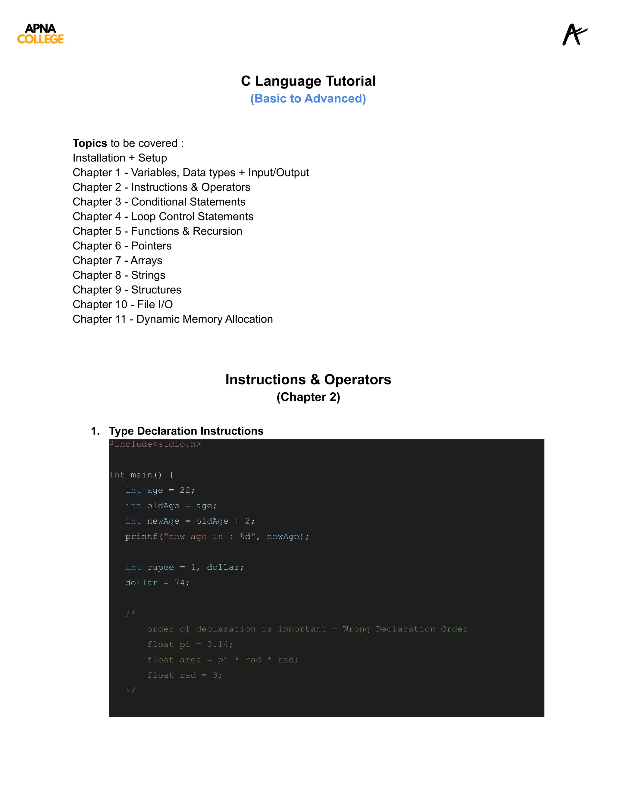 C Language Concept With Code Apna Collegepdf