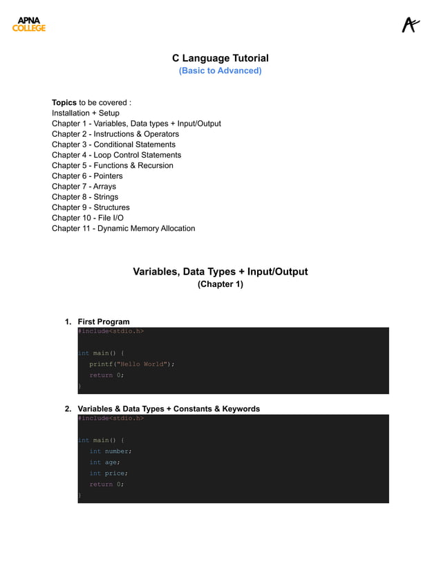 C language concept with code apna college.pdf | Programming Languages ...