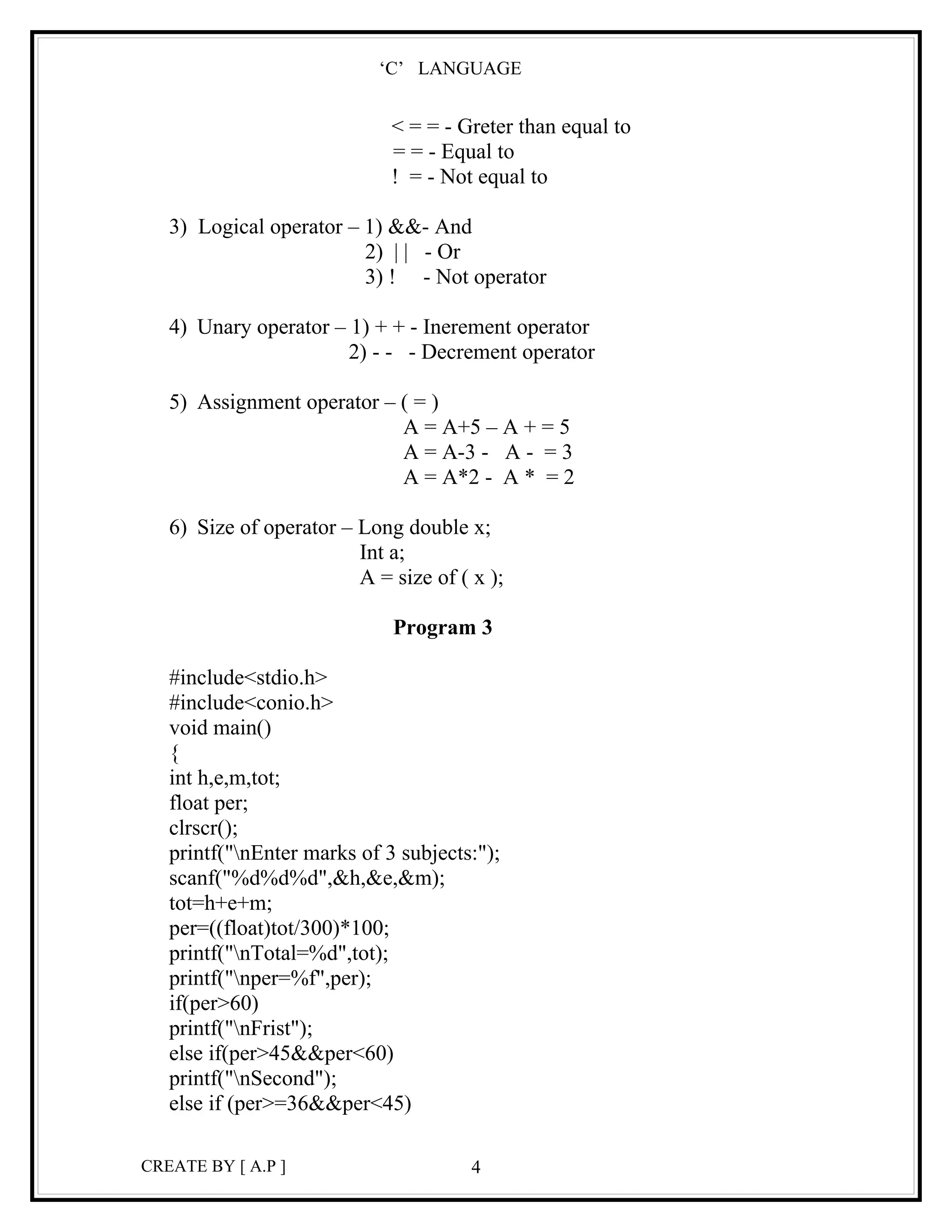'C' language notes (a.p) | DOC