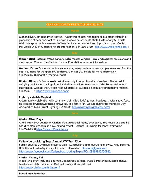 Clarion County PA Festivals and Events. PA Wilds. Great Outdoors | PDF