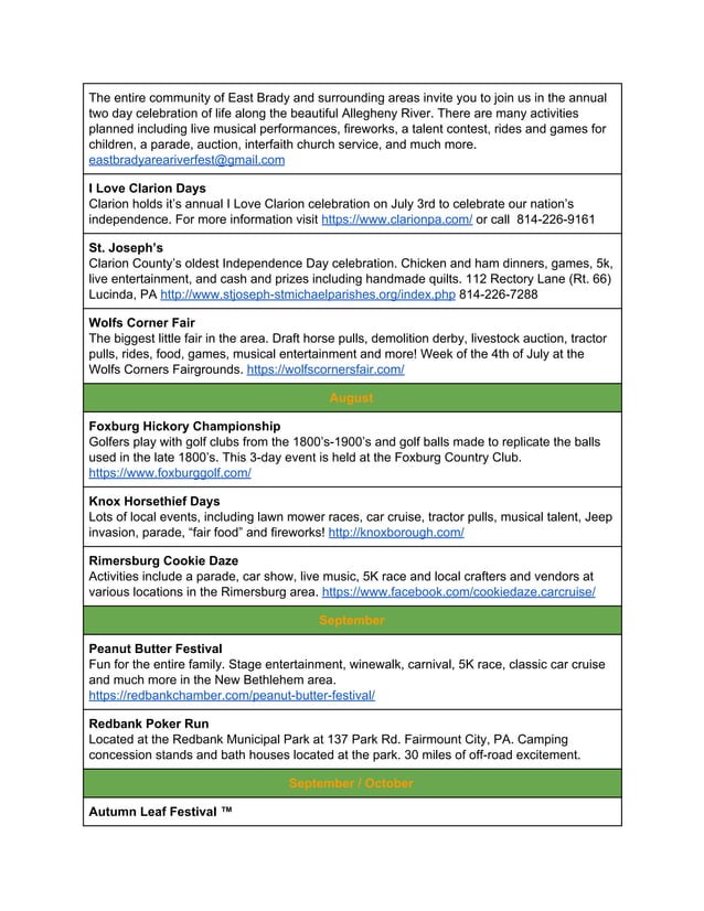 Clarion County PA Festivals and Events. PA Wilds. Great Outdoors | PDF