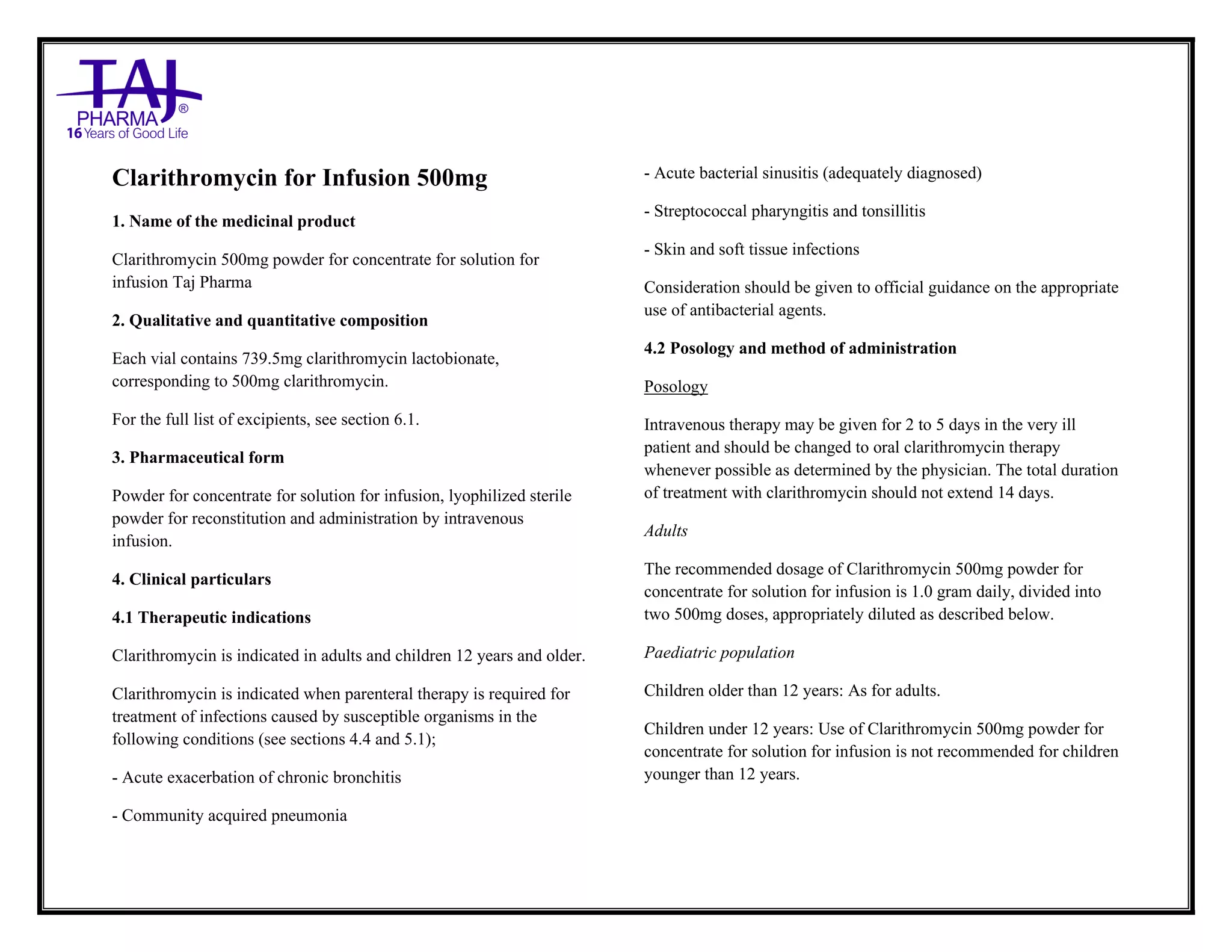 Clarithromycin for Injection Taj Pharma SmPC | PDF