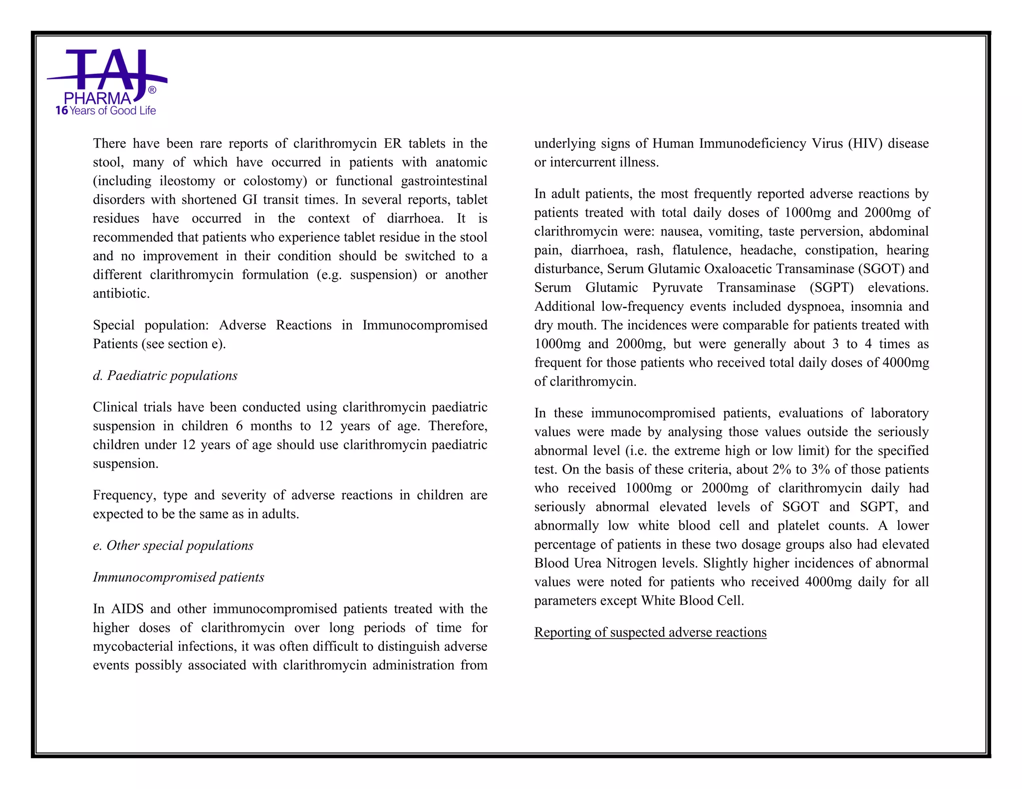 Clarithromycin for Injection Taj Pharma SmPC | PDF