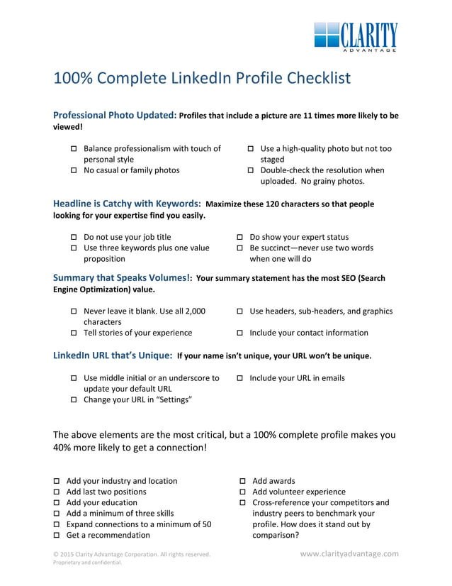Clarity Advantage Linkedin Profile Checklist | PDF