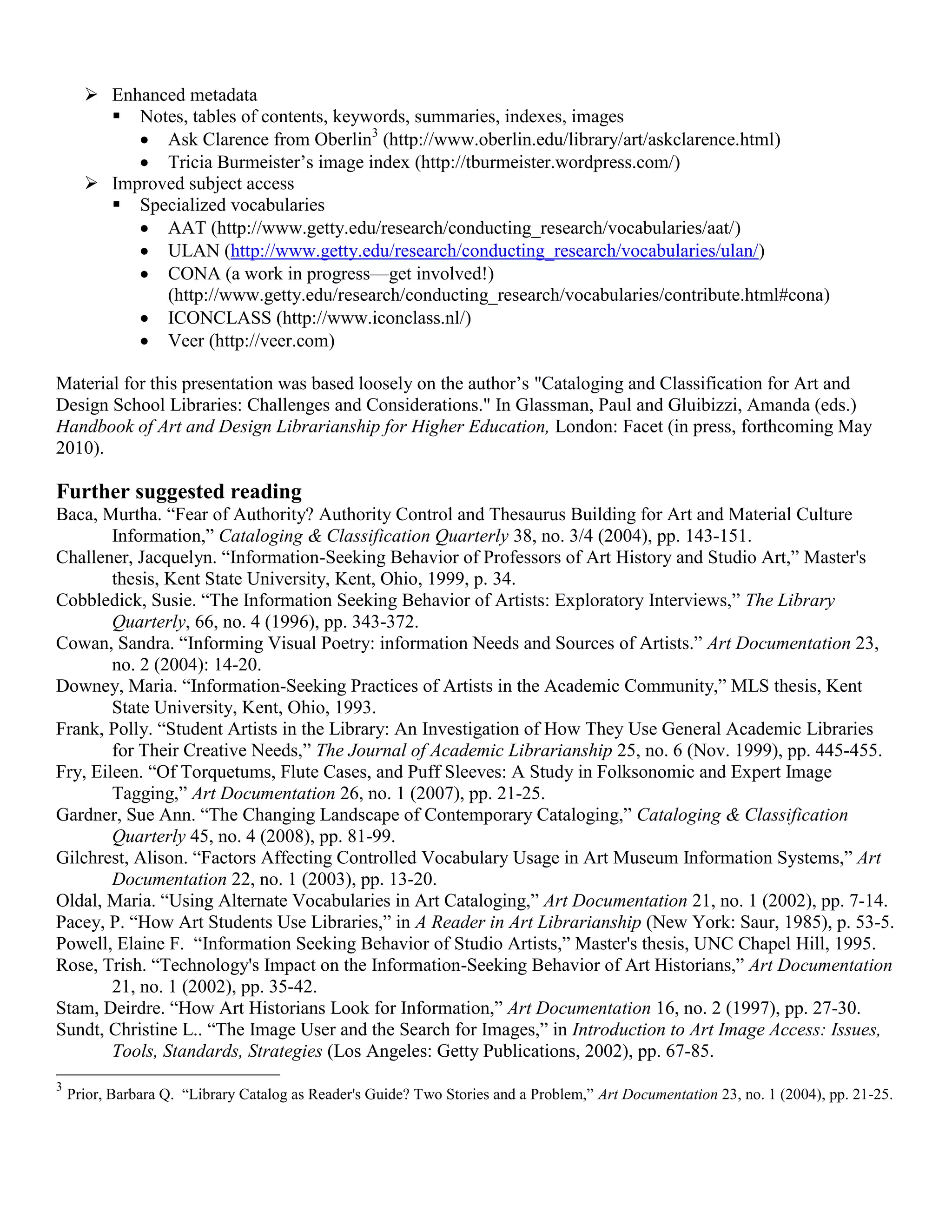 Avant Garde Cataloging Handout | PDF