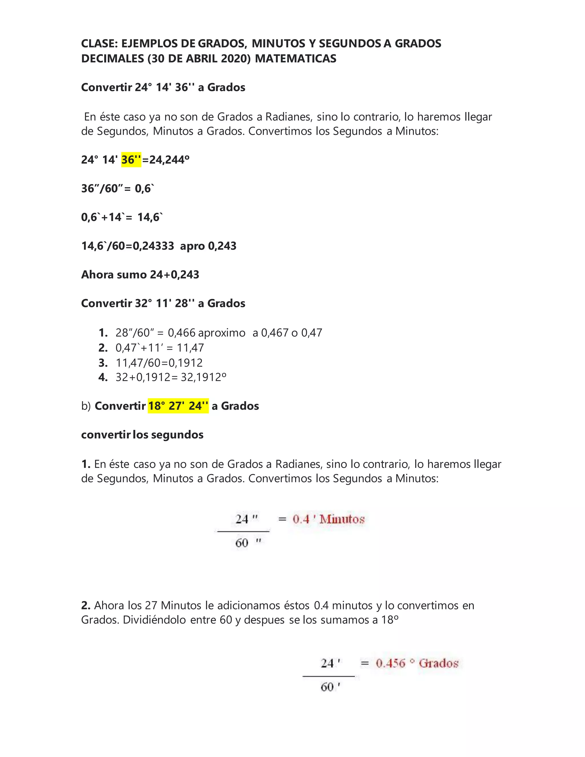 Clase ejemplos grados minutos y segundos 30 de abril | PDF