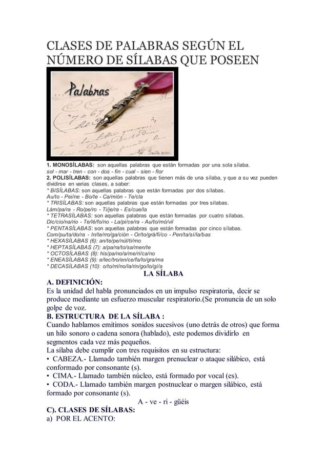 Clases de palabras según el número de sílabas que poseen | PDF