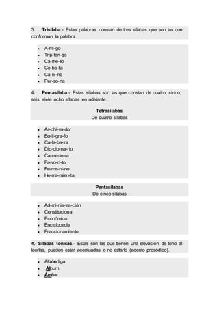 Clases de palabras según el número de sílabas que poseen | DOCX