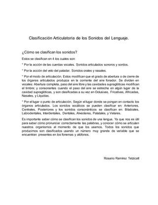 Clasificación articulatoria de los sonidos del lenguaje | DOCX