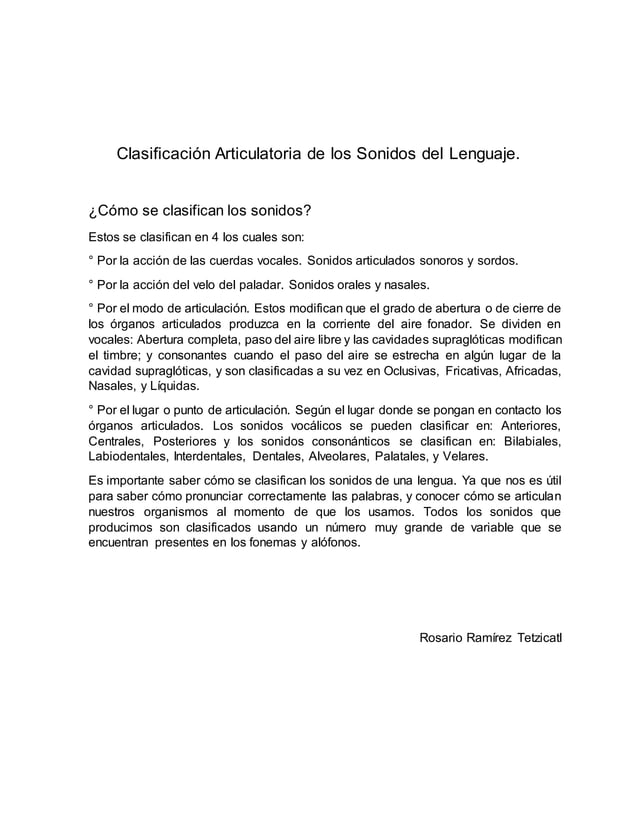 Clasificación articulatoria de los sonidos del lenguaje | DOCX