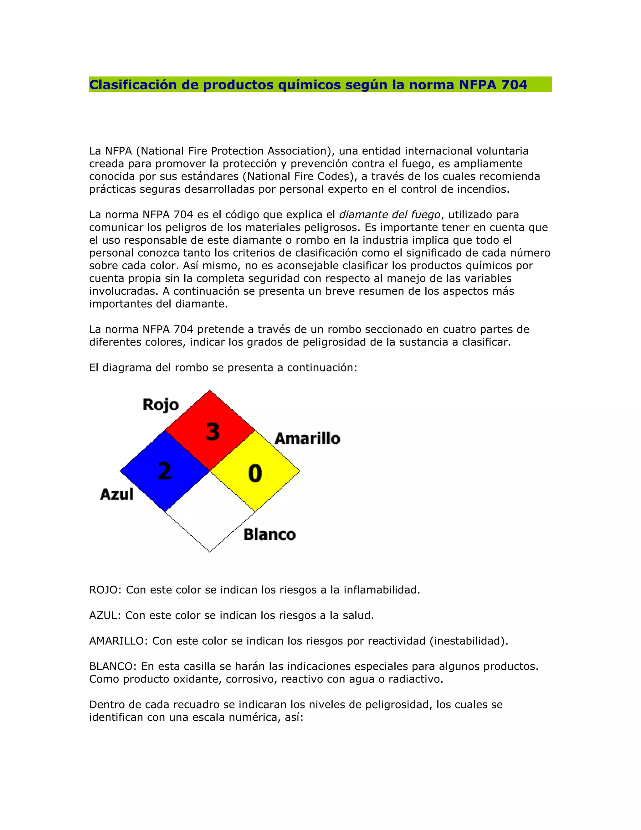 Clasificación de productos químicos según la norma nfpa 704 | DOCX