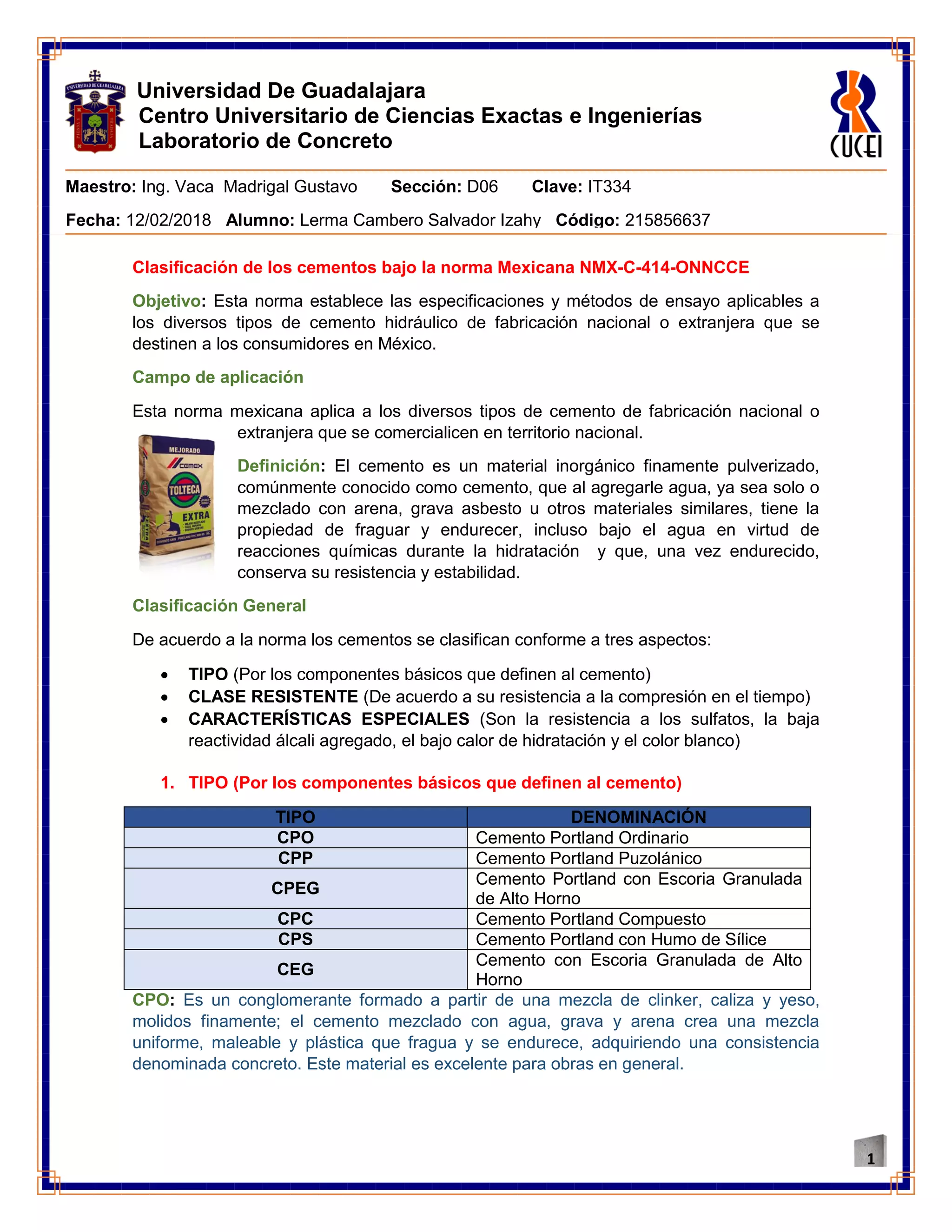 Clasificacion de los cementos bajo la norma mexicana | PDF