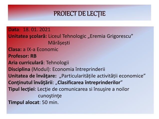 Clasificarea intreprinderilor - Proiect de lectie | PPTX
