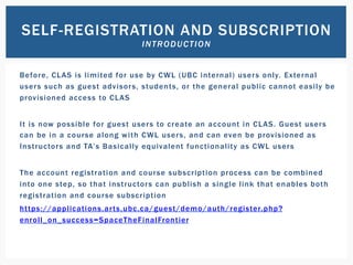 CLAS Self-Registration, Course Subscription, and Upload Quota System | PDF