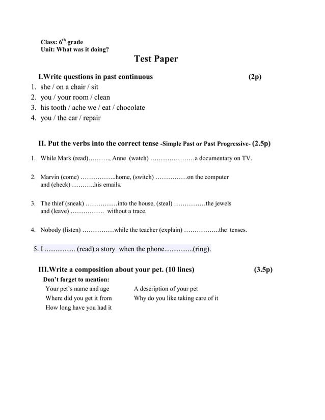 Test paper 6th grade "What was it doing?" | DOCX