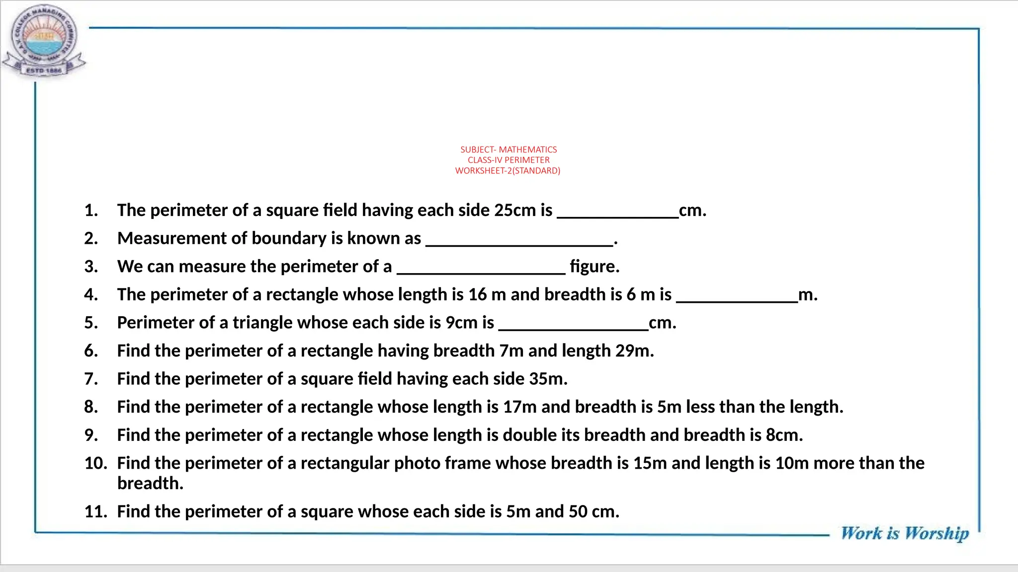 Class IV Maths Perimeter Tutorial School | PPTX