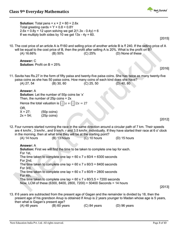 Class 9 Maths Olympiad Everyday Mathematics Previous Years Papers With