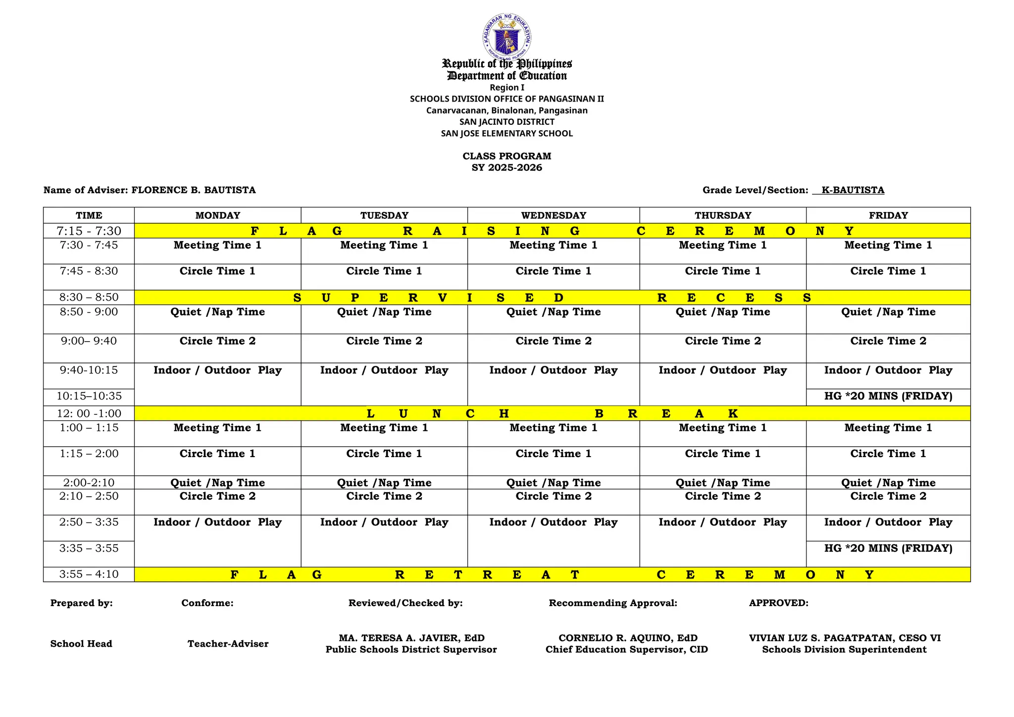 Kindergarten Class Program submitted for | DOCX