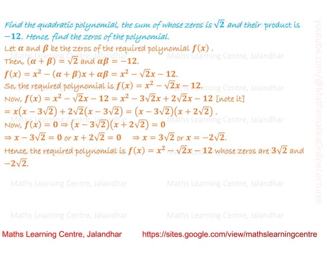 Class 10 _ Chapter 2_ Polynomals (Division Algorithm for Polynomials)_Lecture 2 | PDF