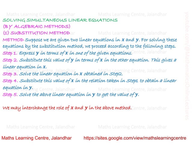 Class 10 _ Chapter 3_ Pair of linear equations in two variables (Algebraic Methods (Substitution ...