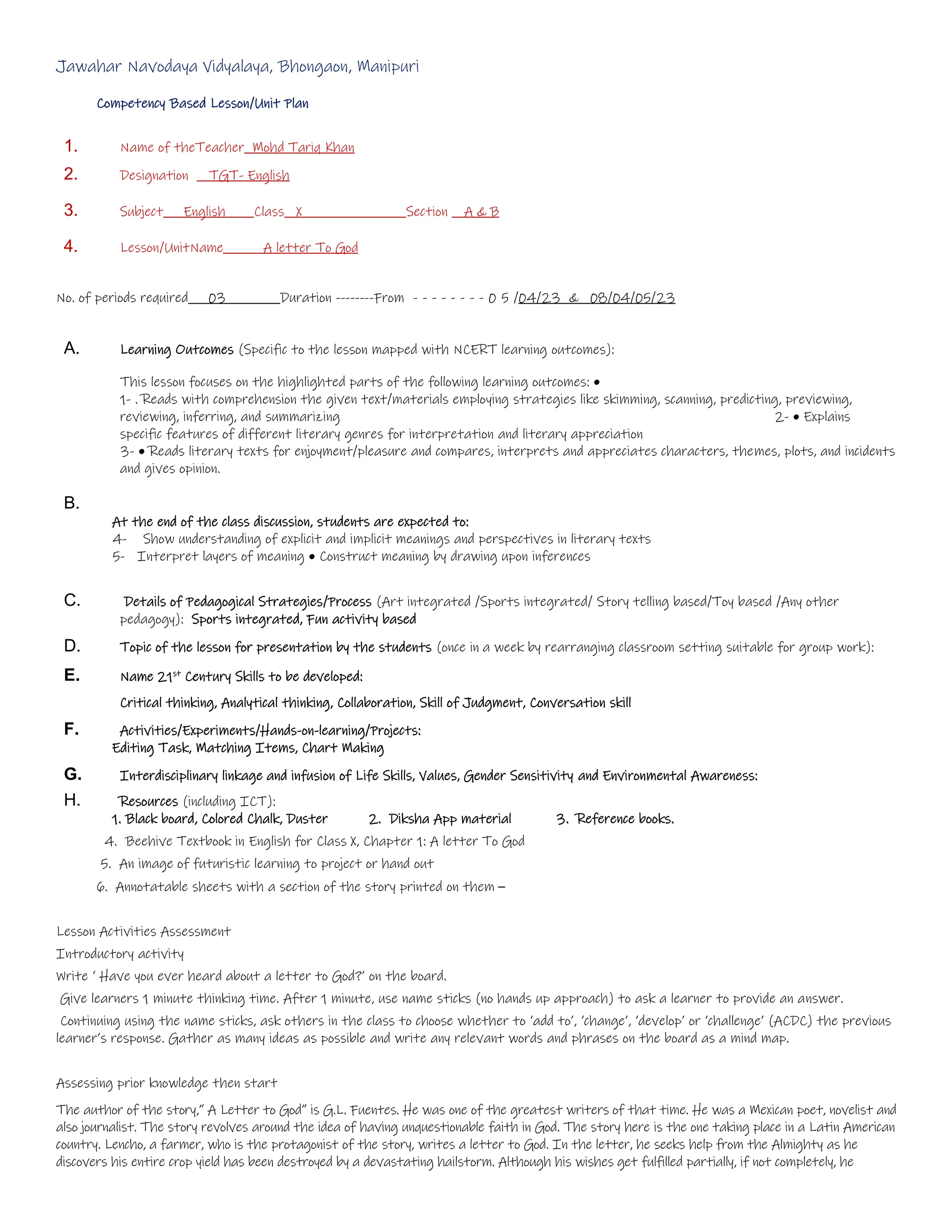 Class 10 English lesson plans | DOCX
