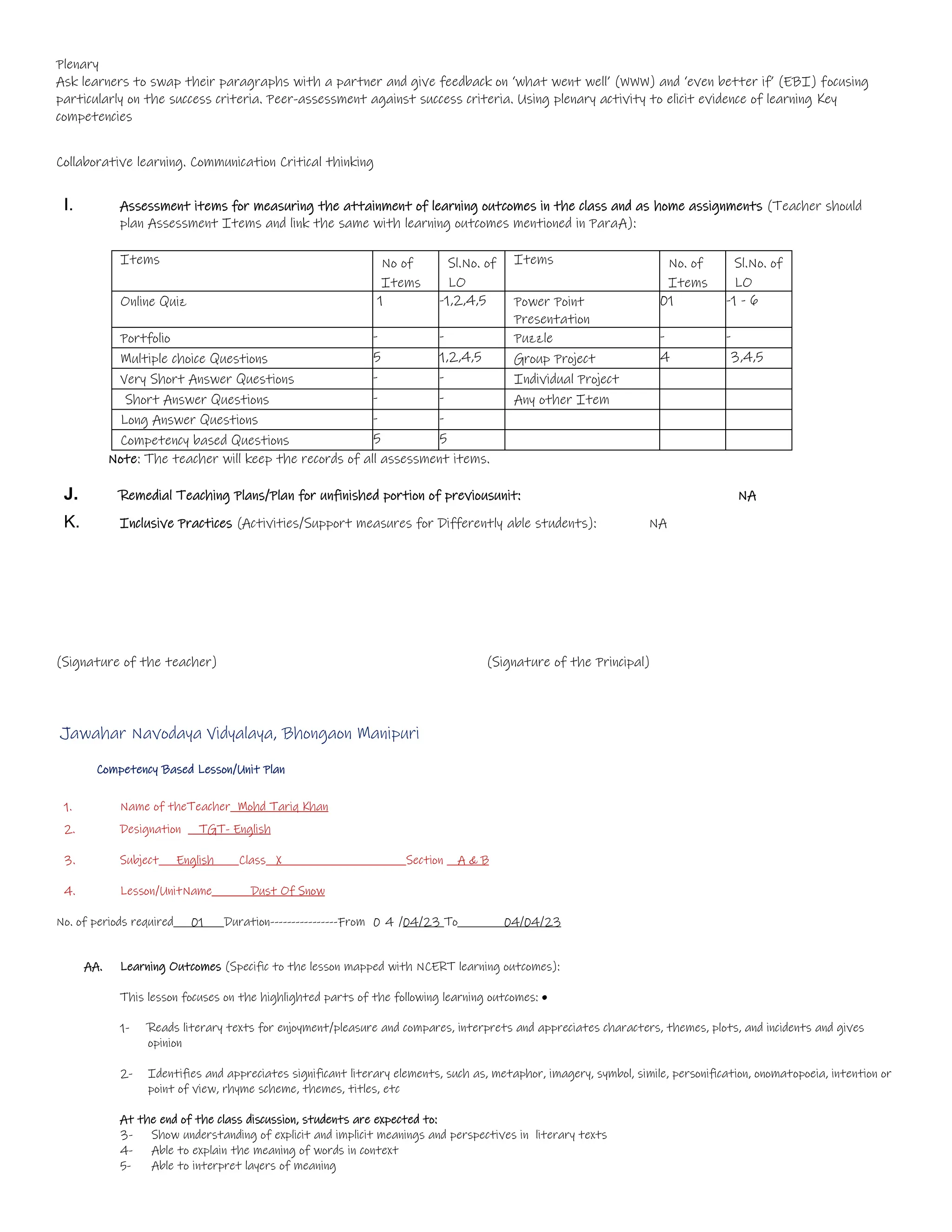 Class 10 English lesson plans | PDF