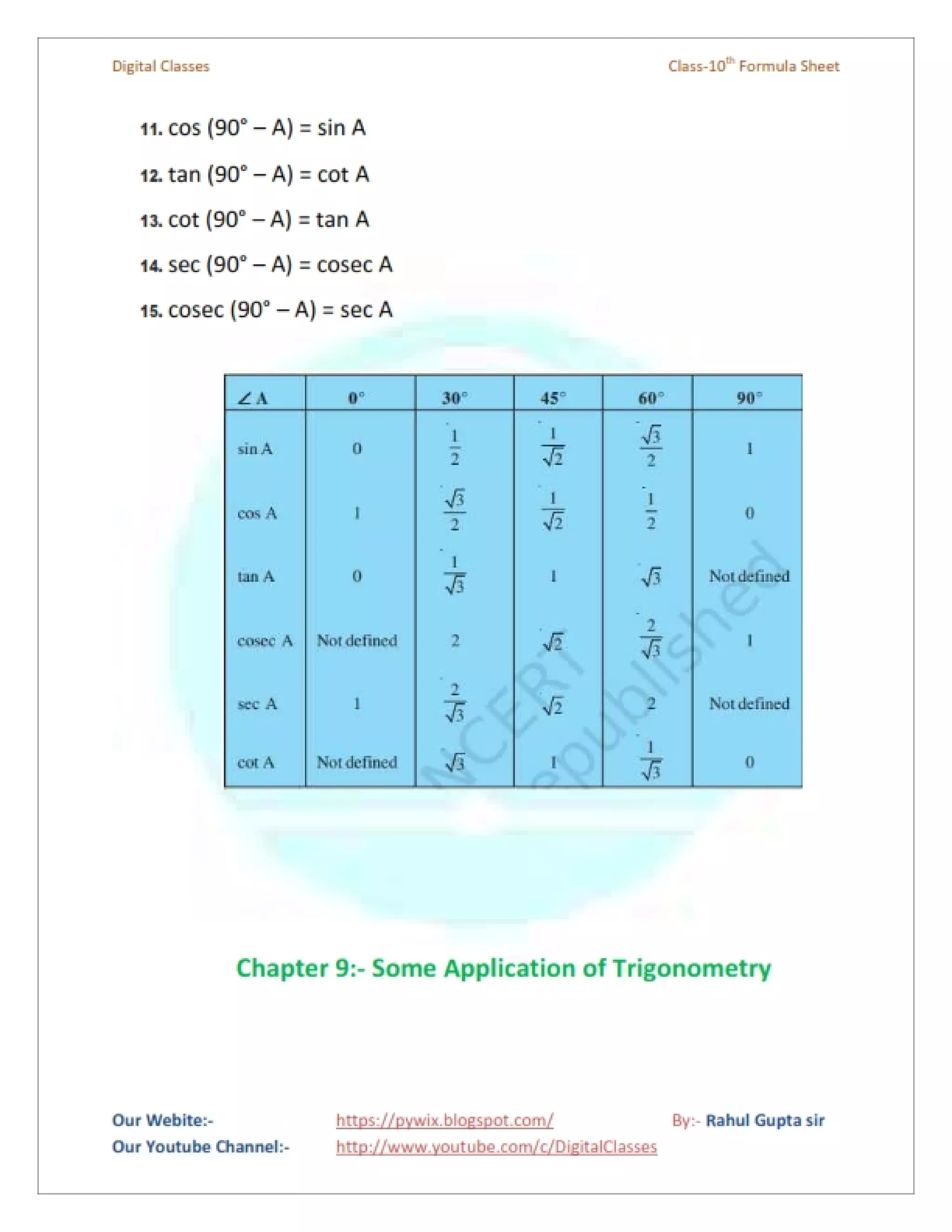 Class 10th maths formula sheet | PDF