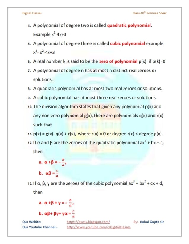 Class 10th maths formula sheet | PDF