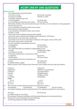 Class 11 Biology Topic Wise Line by Line Questions Chapter 1 Living ...