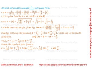 Class 11 Chapter 5 Complex Numbers and Quadratic Equations (Polar form ...