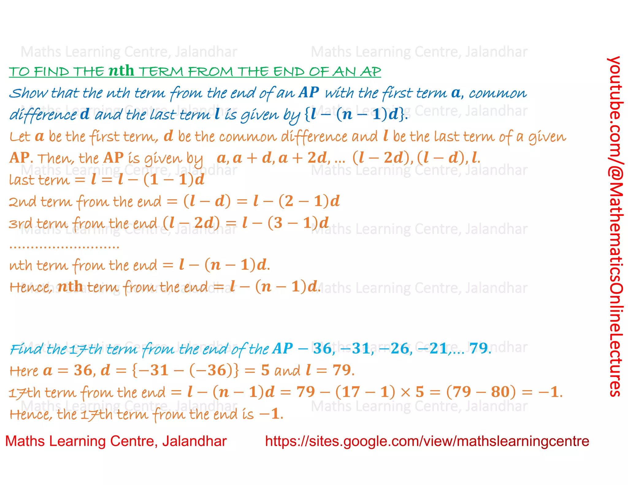 Class 11 Chapter 9 Sequences and series_Arithmetic Progressions (nth term from end) Lecture 2.pdf