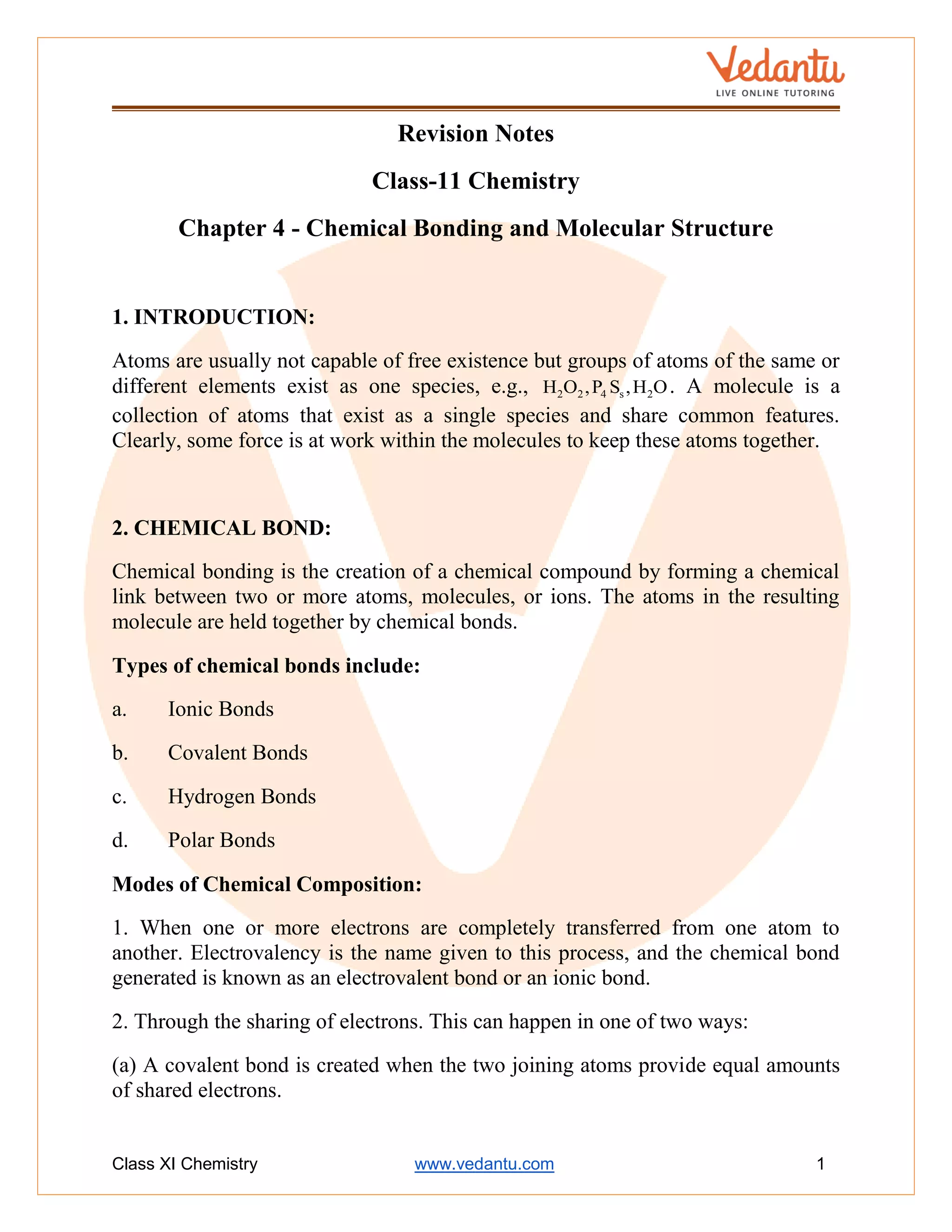 Class 11 Chemistry Revision Notes Chemical Bonding and Molecular ...