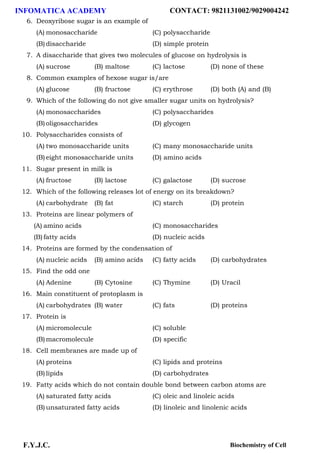 Class 11 Important Questions for Biology - Biochemistry of Cell | PDF