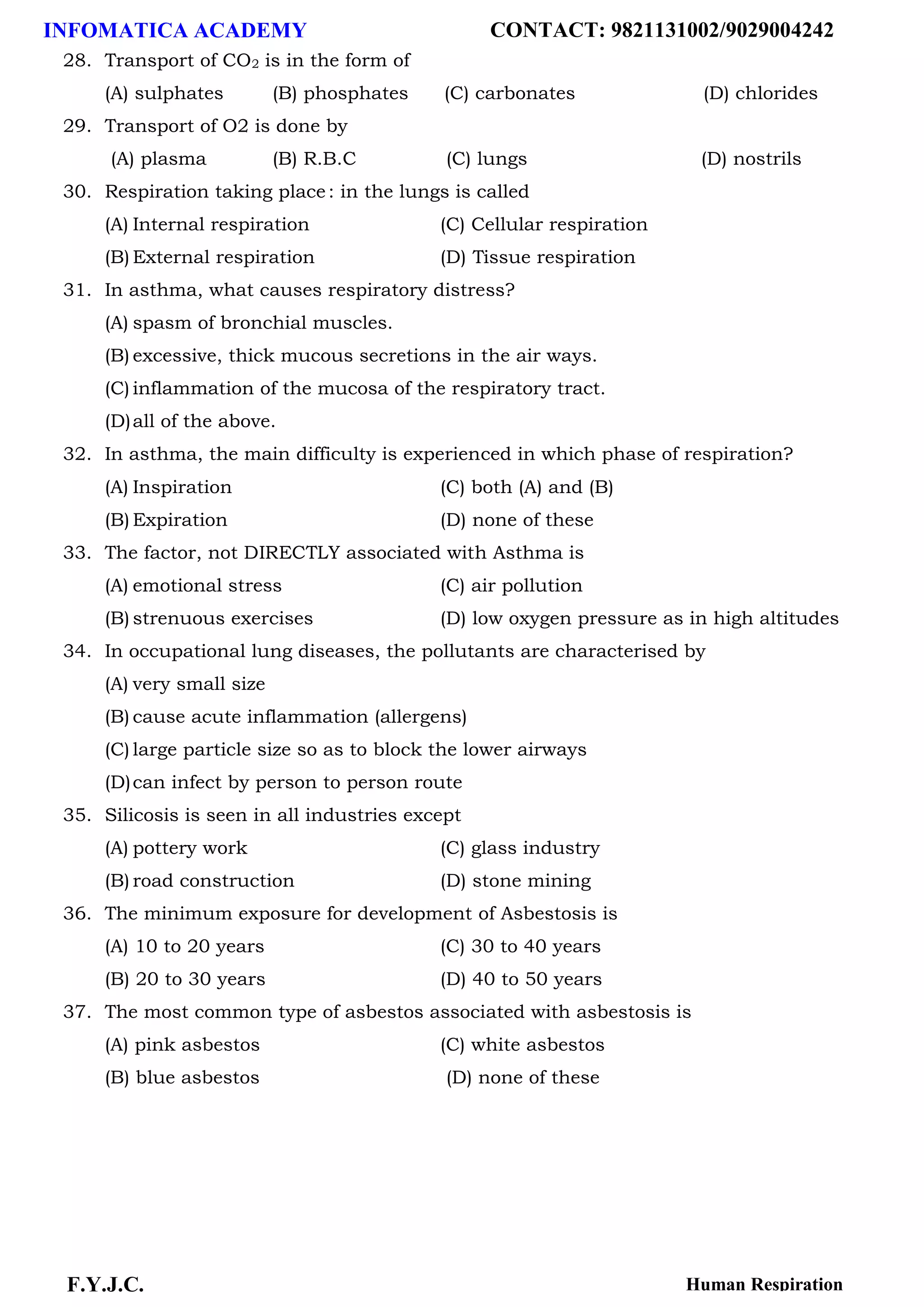Class 11 Important Questions for Biology - Human Respiration | PDF