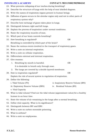 Class 11 Important Questions for Biology - Human Respiration | PDF