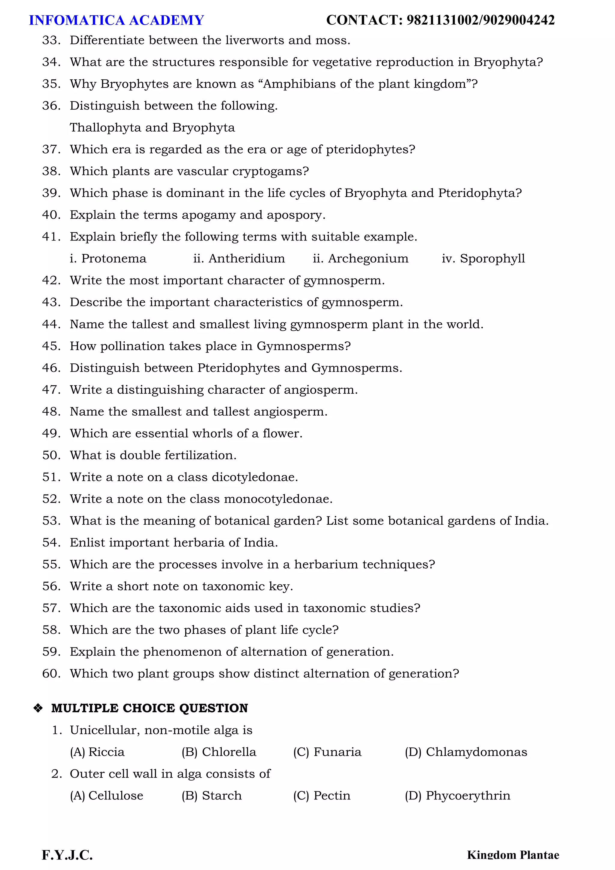 Class 11 Important Questions for Biology - Kingdom Plantae | PDF