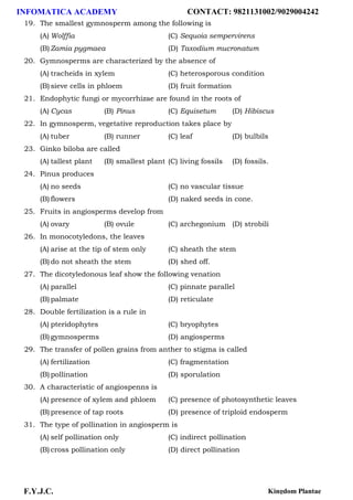 Class 11 Important Questions for Biology - Kingdom Plantae | PDF