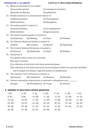 Class 11 Important Questions for Biology - Kingdom Plantae | PDF