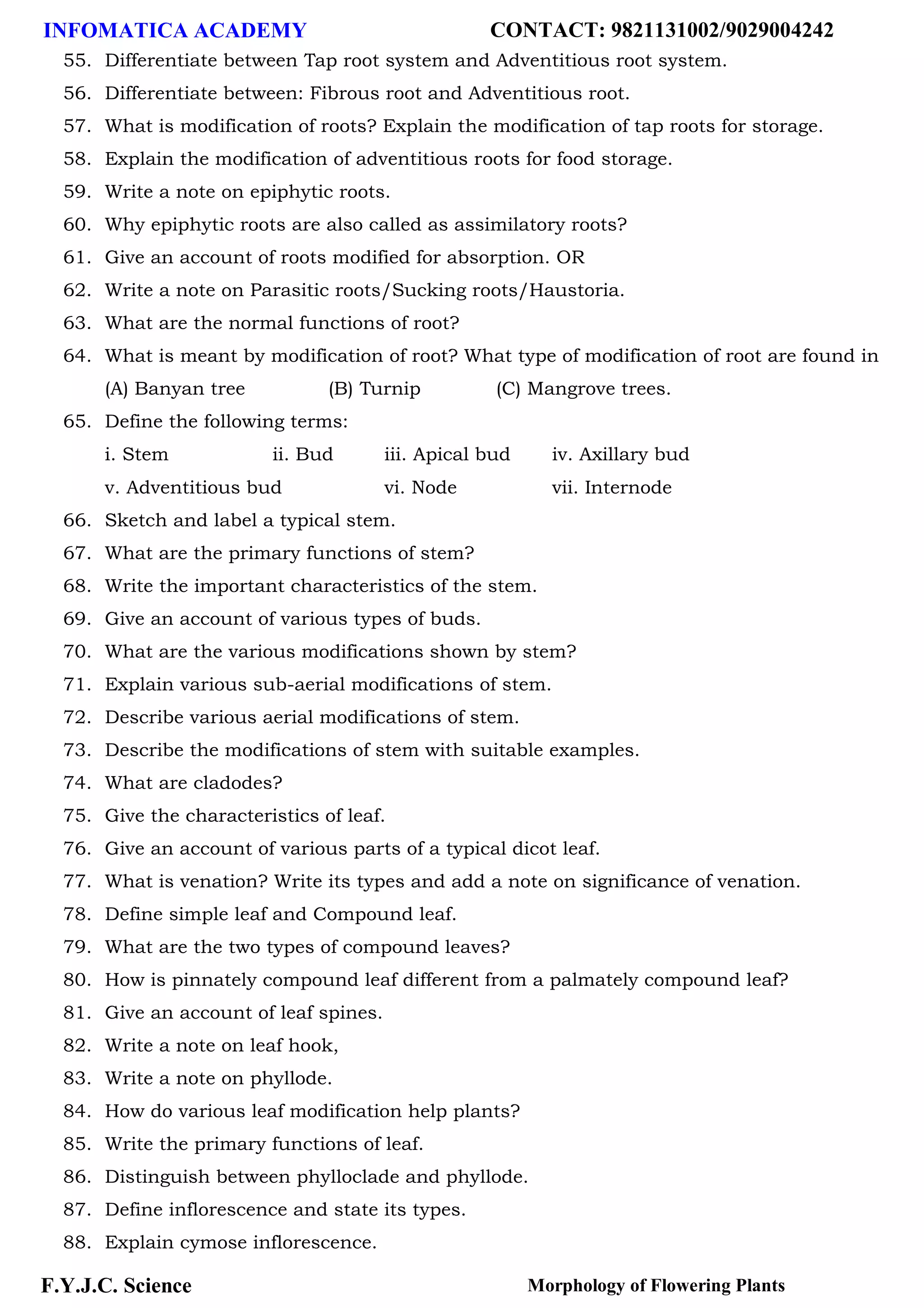 Class 11 Important Questions for Biology - Morphology of Flowering ...