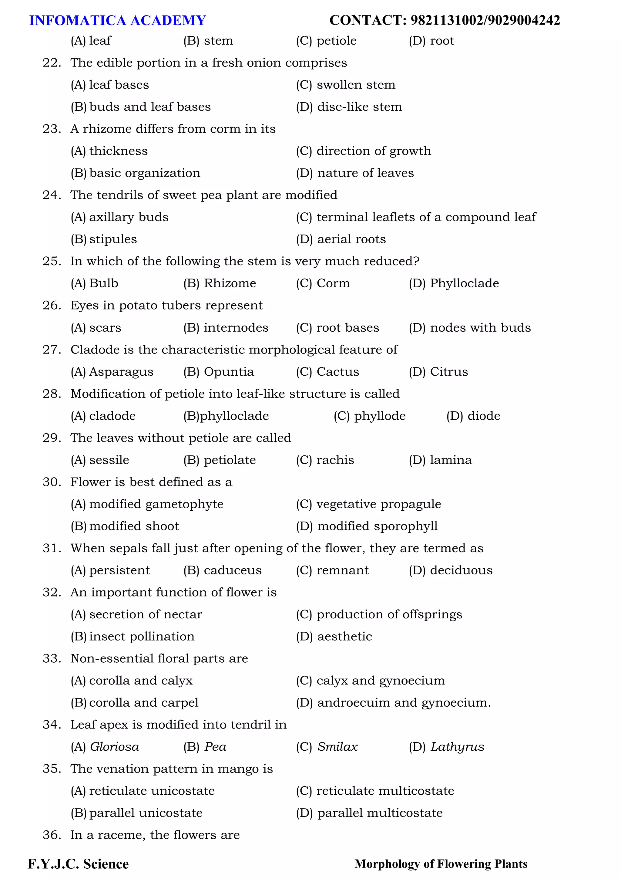 Class 11 Important Questions for Biology - Morphology of Flowering ...