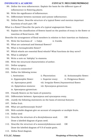 Class 11 Important Questions for Biology - Morphology of Flowering ...