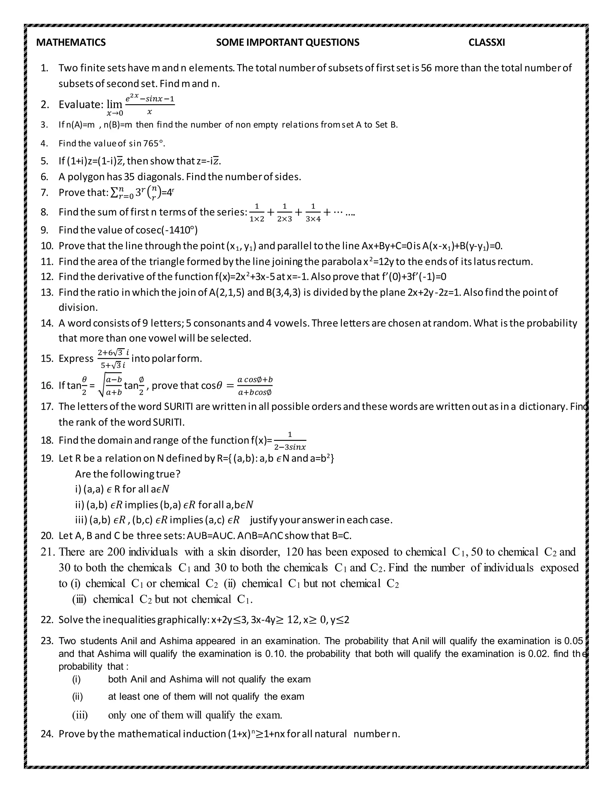Class 11 important questions for final term | DOCX