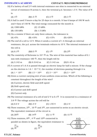 Class 11 important questions for physics Current Electricity | PDF