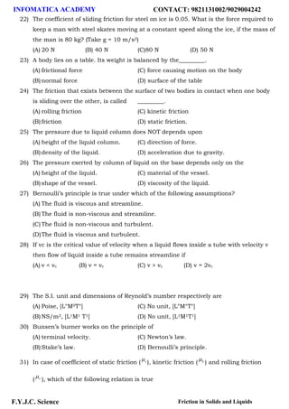 Class 11 important questions for physics Friction in Soilds and Liquids ...